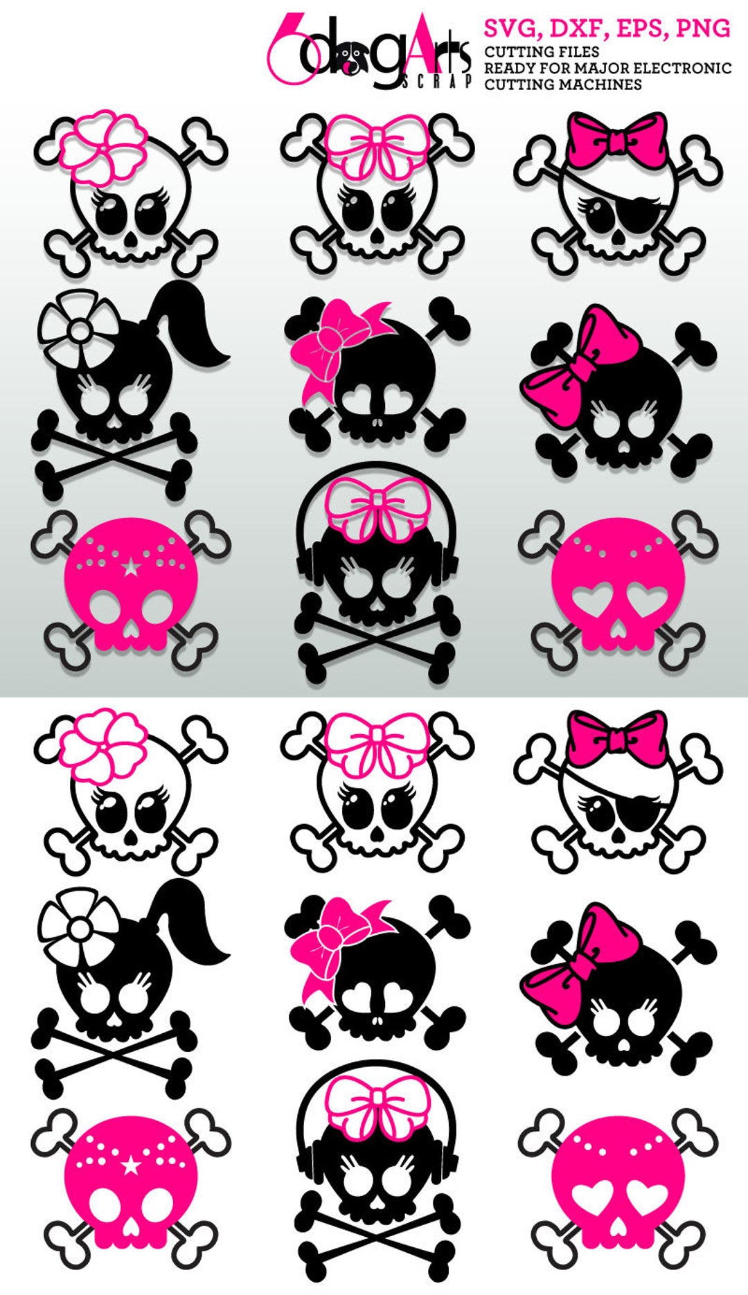 9 Kawaii Girl Skulls Vector Digital Files SVG DXF Cuttable Printable ...