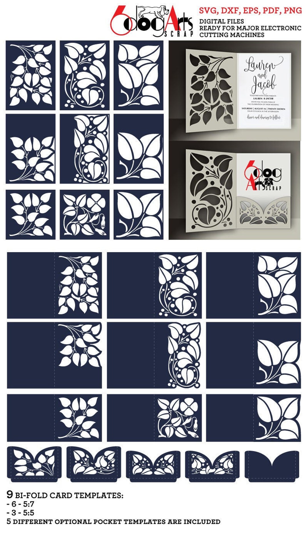 9 Floral Lace Card Templates Digital Cut SVG DXF Files Wedding Pocket ...