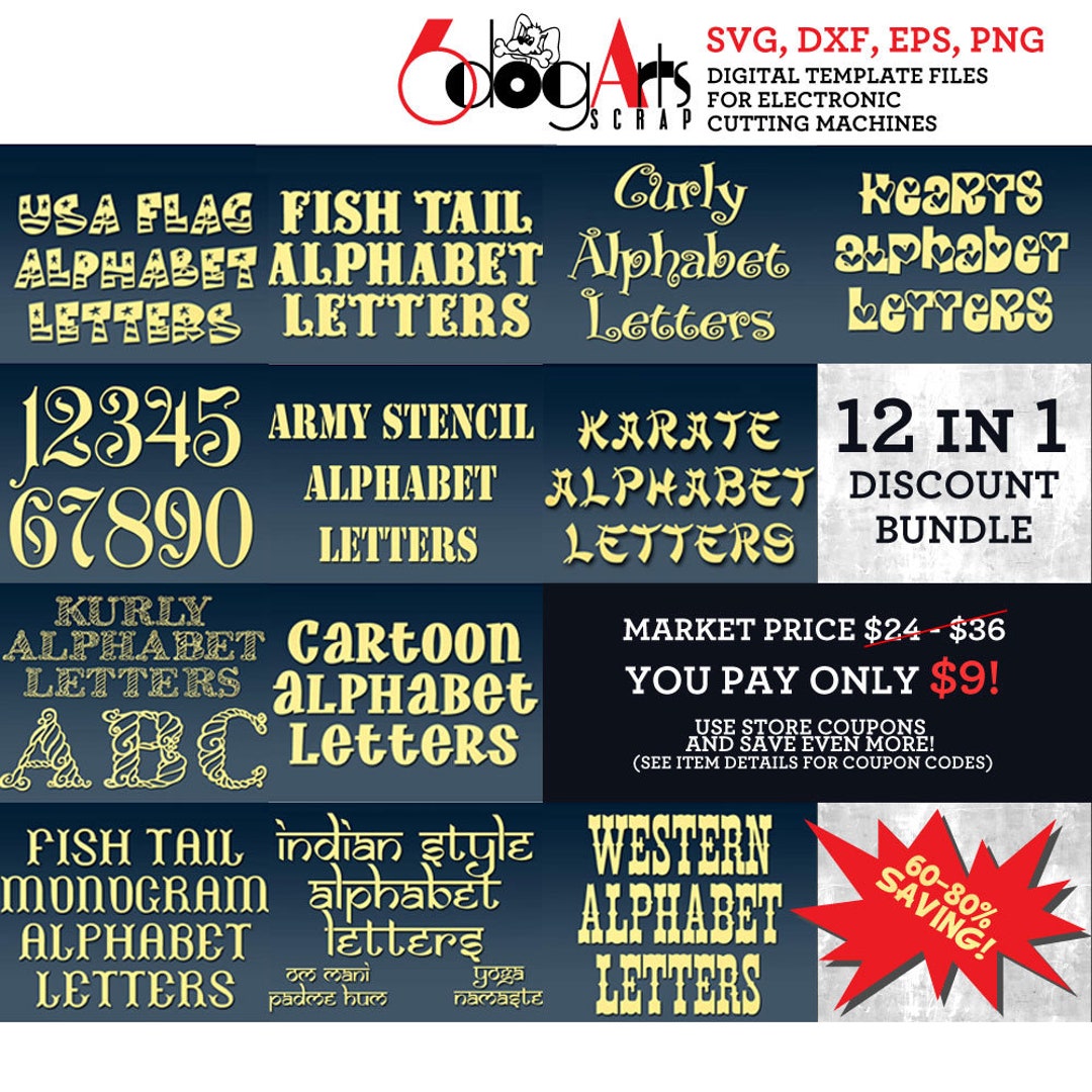 Letras del alfabeto SVG DXF Archivos de paquete Letras cortables Vinilo ...