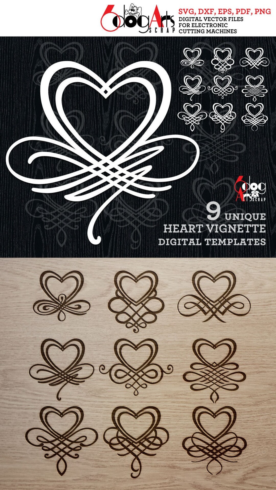 9 Heart Vignette Templates Vector Digital Files SVG DXF Pdf - Etsy