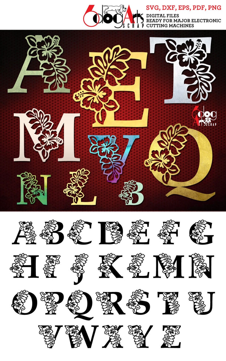 A-Z Hibiscus Flower Monogram Alphabet Letters SVG DXF Digital Images ...