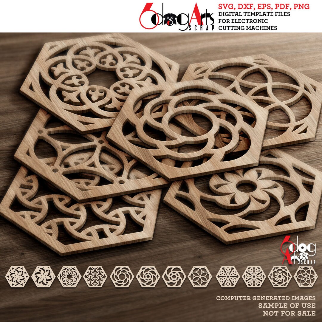 12 Hexagonal Coaster Trivet Grill Wall Decor Templates Digital SVG DXF ...