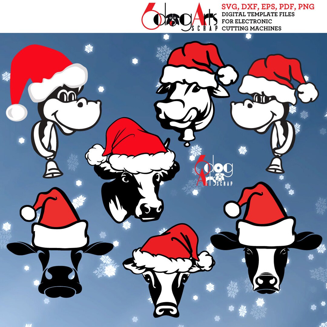 7 Christmas Cow Head Santa Hat Digital Files SVG DXF Vector Printable ...