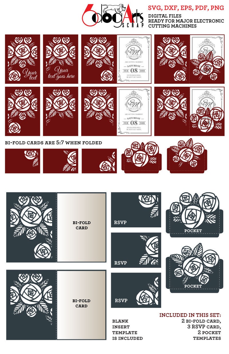 Rose Lace Card Templates Digital SVG Dxf Files Wedding Invitation RSVP ...