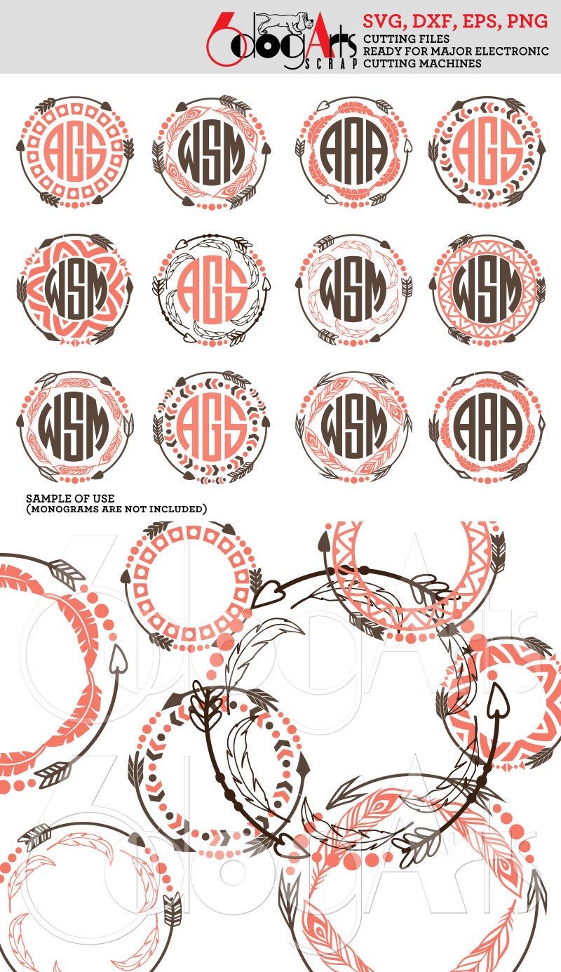Feather Arrow Monogram Frames Digital Cut Files Svg Dxf Eps | Etsy