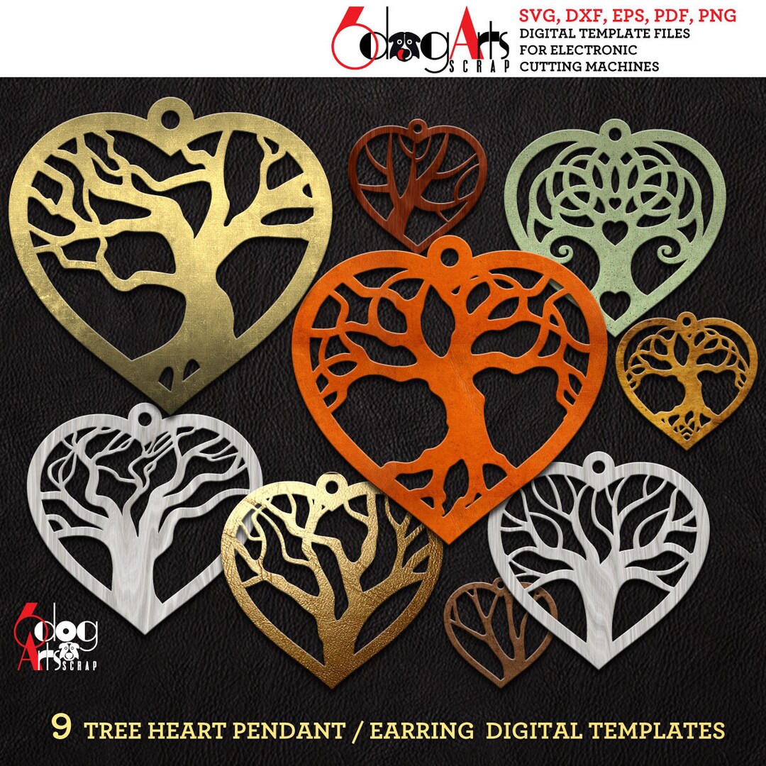 9 Earring Pendant SVG DXF Templates Tree of Life Heart Download Digital ...