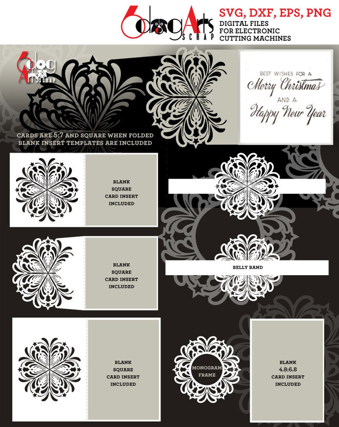 6 Snowflake Christmas Card Templates Digital Cut SVG DXF - Etsy