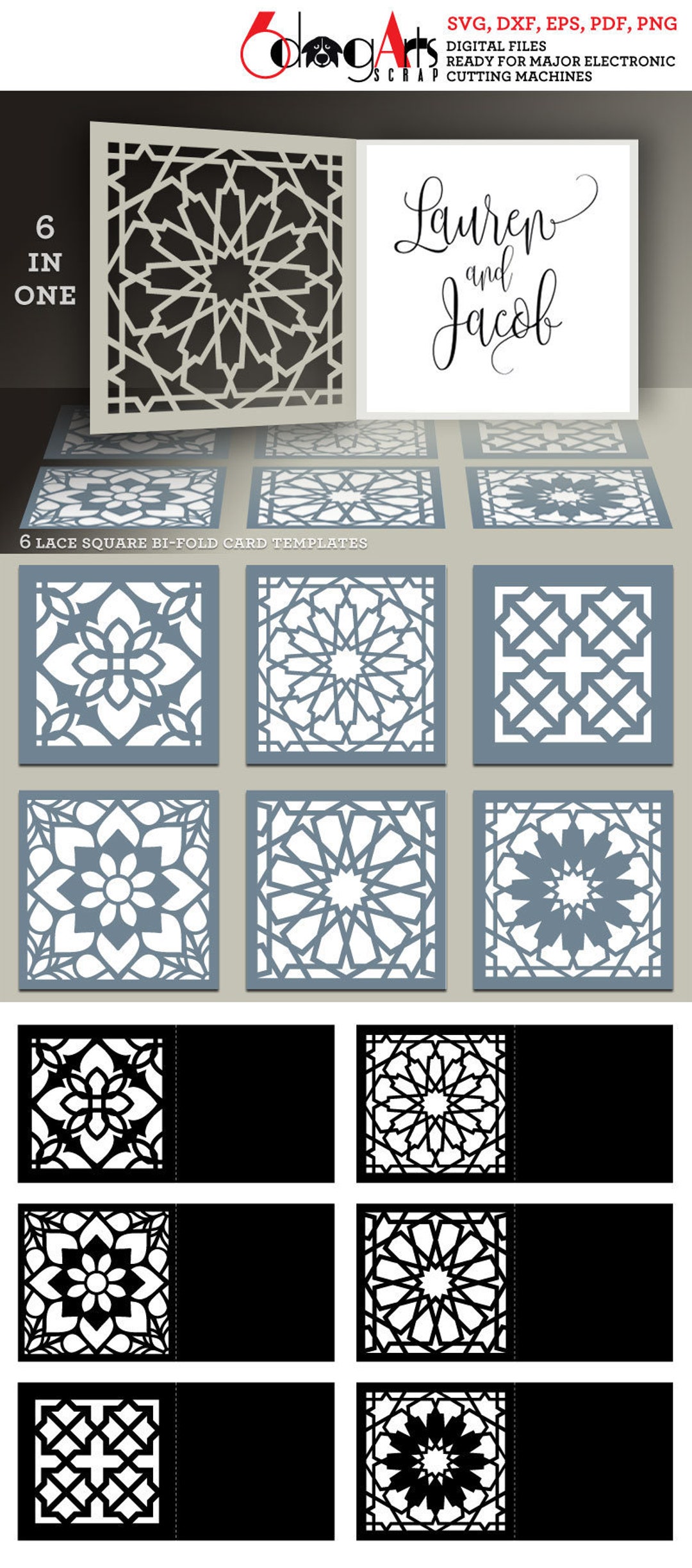6 Square Lace Bi-fold Card Templates Digital Files SVG DXF Silhouette ...