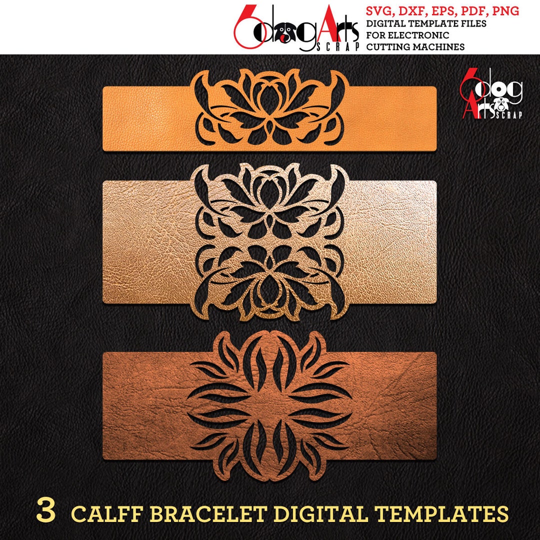 3 Floral Cuff Bracelet Leather Jewelry Templates Vector Digital SVG DXF ...