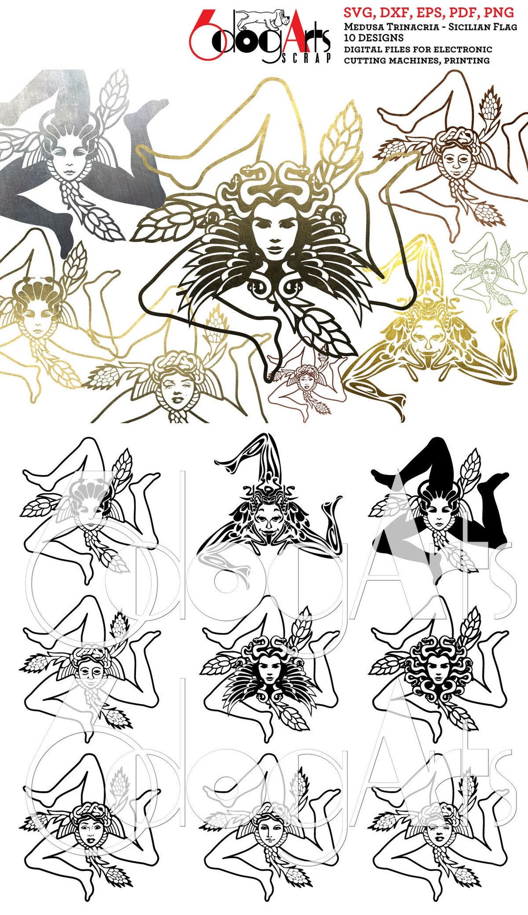 10 Medusa Trinacria Sicilian Flag Designs Digital Files Svg Dxf Vector ...