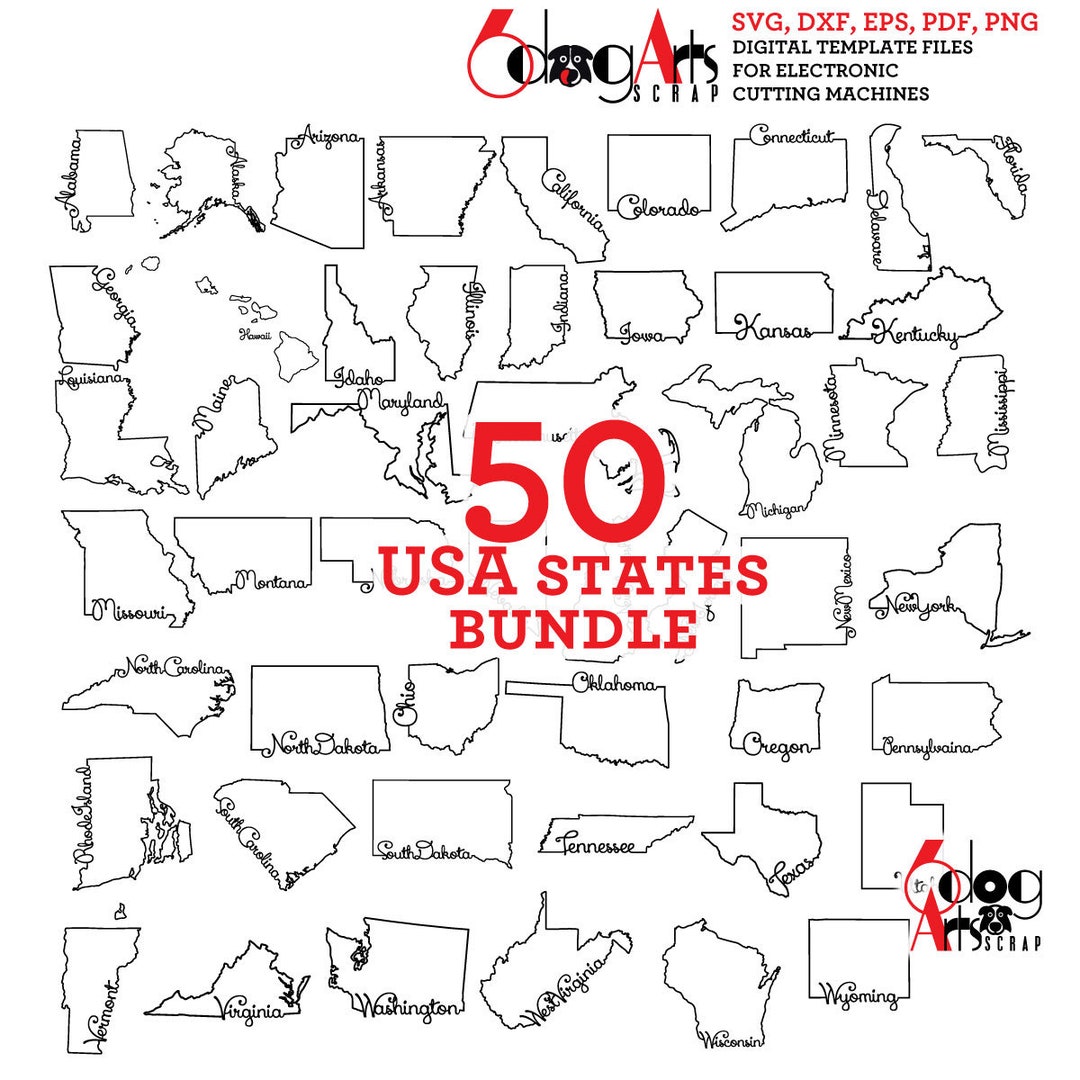 All 50 USA States Outline Typography Bundle - SVG Dxf Digital Files ...