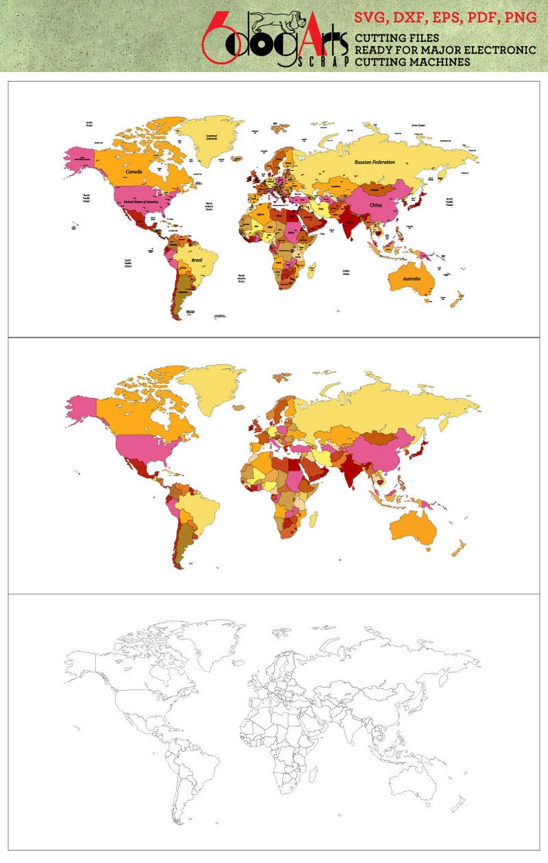 World Map Digital Files SVG DXF Png Eps Pdf Printable Vector - Etsy