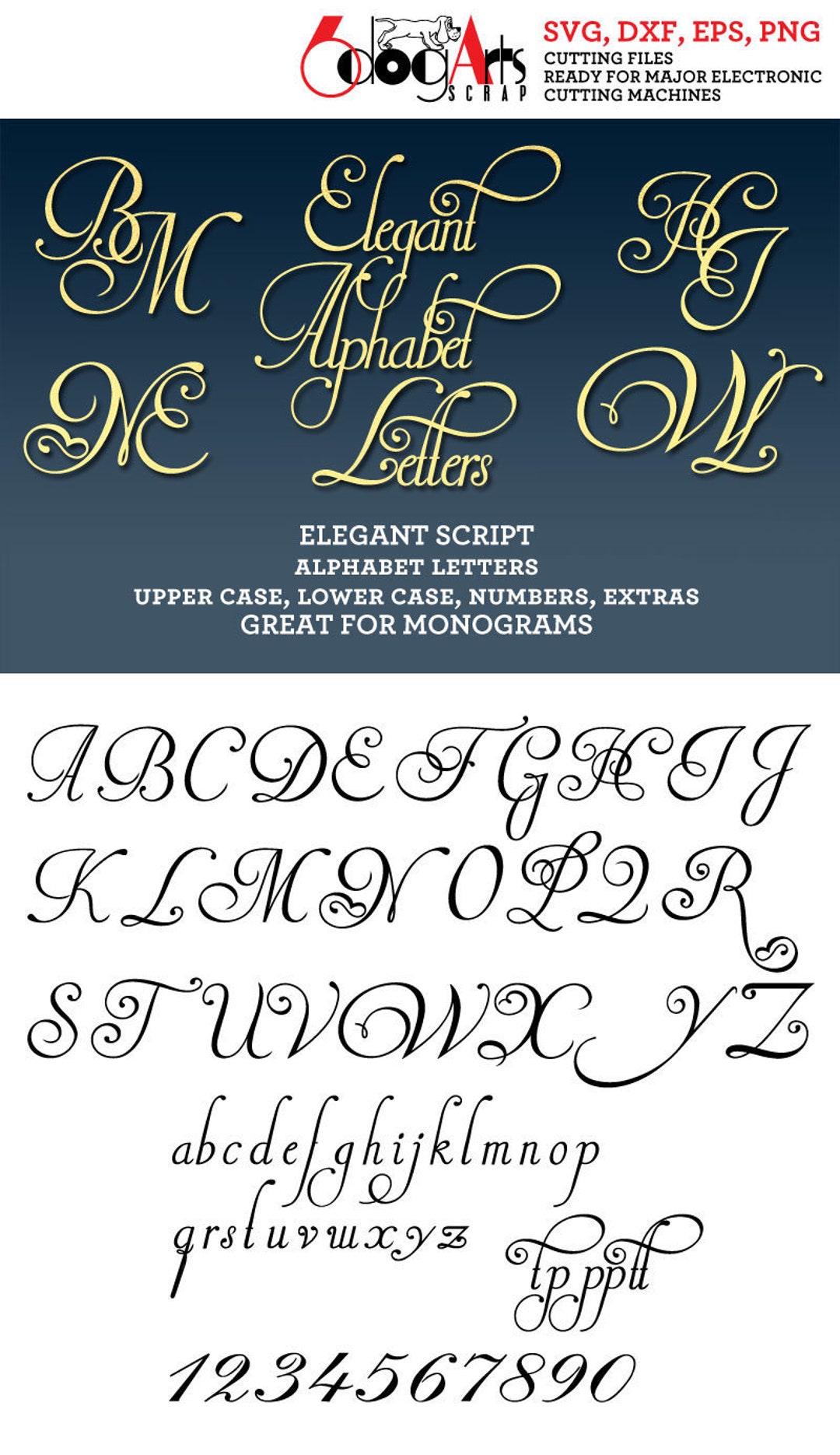 Elegant Script Alphabet SVG DXF Vector Images Monogram Cuttable Letters ...