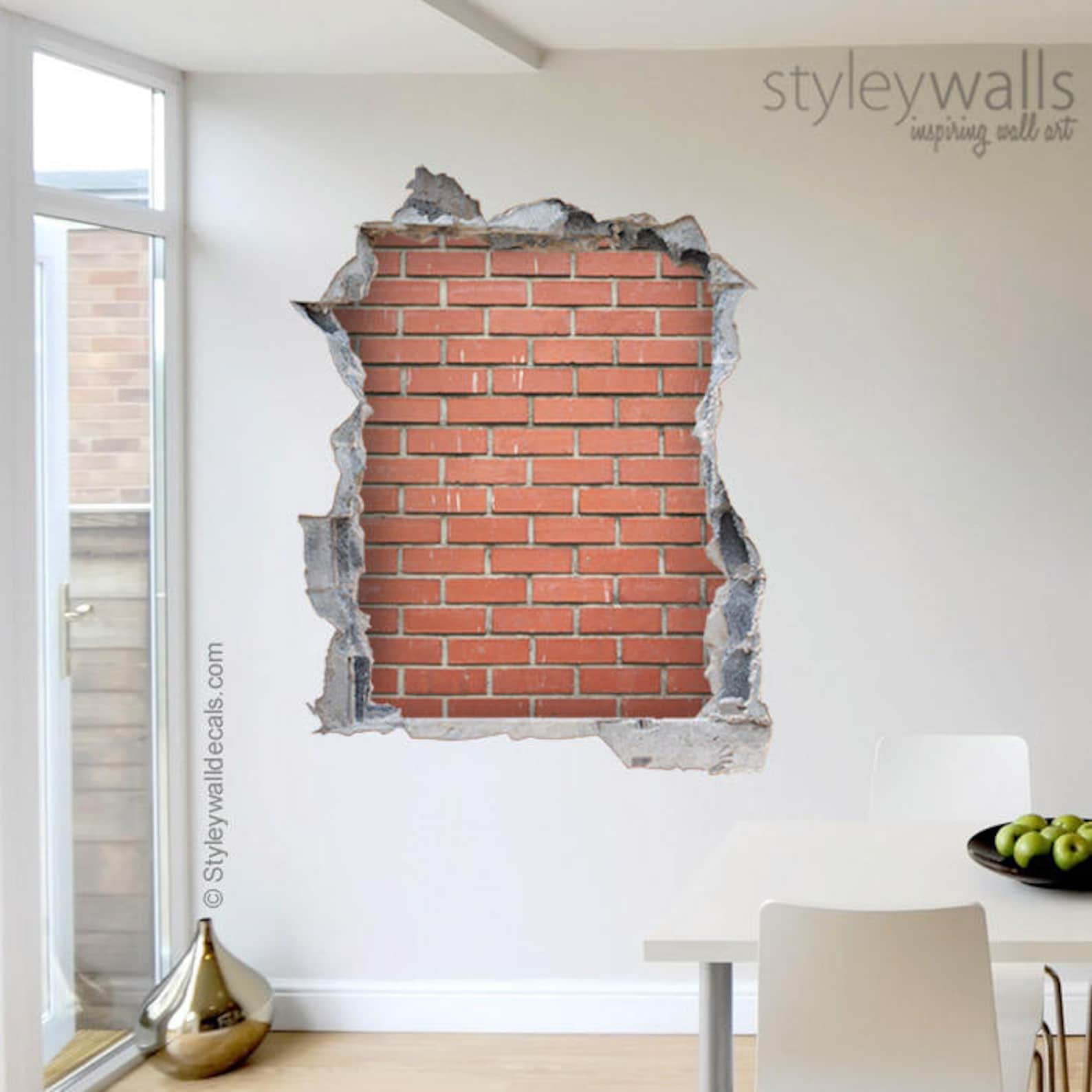 Red Bricks Wall Decal, Bricks Mural, Hole in the Wall 3d Effect Wall ...
