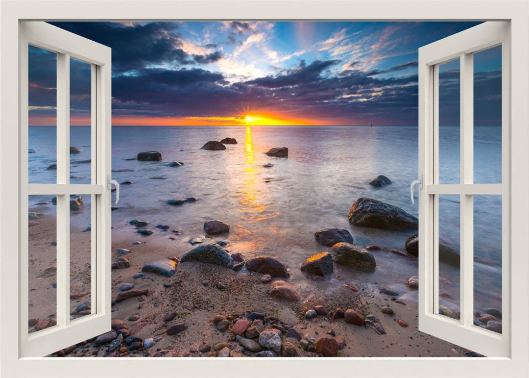 Beach Wall Decal, 3d Window Wall Decal, Sea Cost Sunset View Wall Decal ...