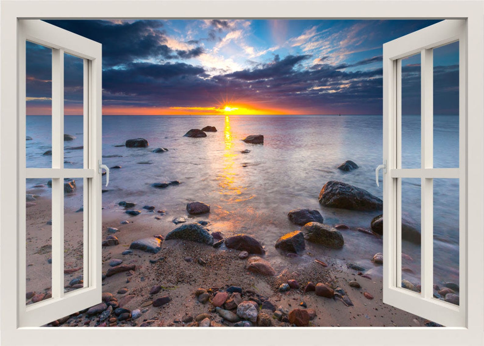Beach Wall Decal, 3d Window Wall Decal, Sea Cost Sunset View Wall Decal ...