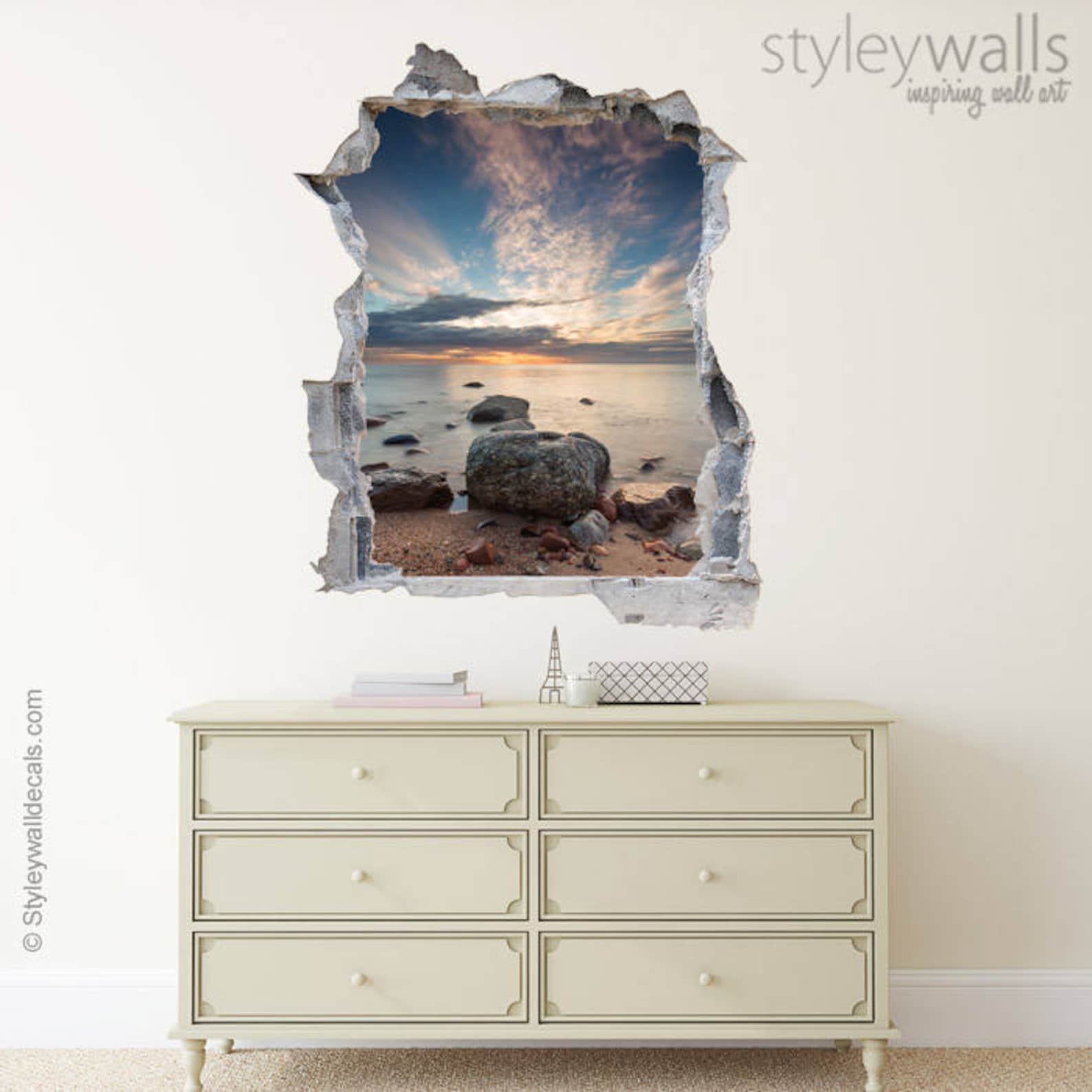 Hole in the Wall 3d Effect Wall Sticker, Sea View Wall Decal, Rocks ...