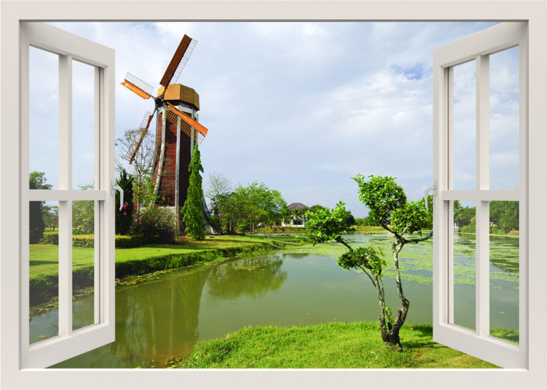 Windmill Wall Decal Sticker, Nature Wall Decal, Grass Wall Decal, 3d ...