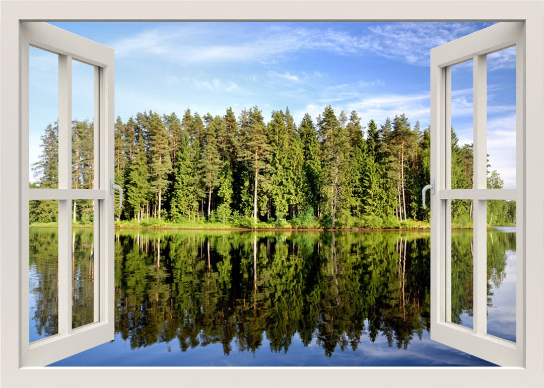 Mountains View Wall Decal, 3d Window Wall Decal, Lake View Trees Nature ...