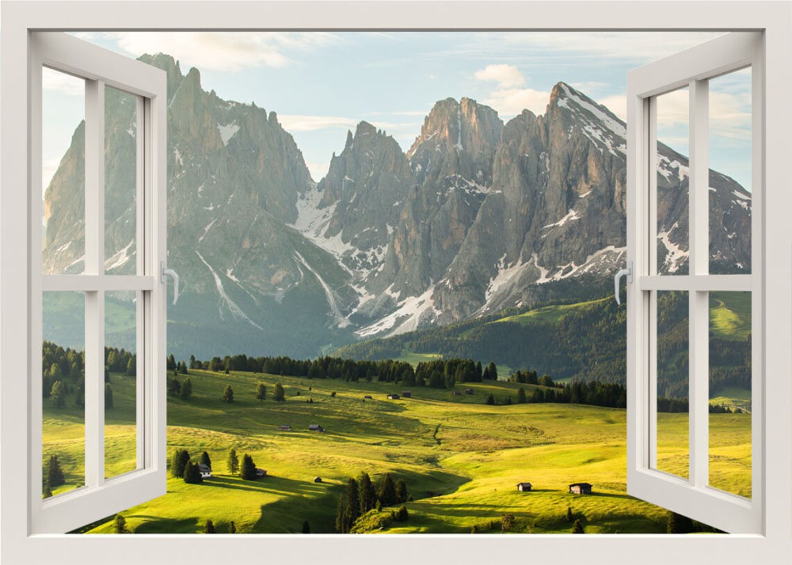 Huge Mountains Wall Decal, 3d Window Wall Decal, Landscape Trees Nature ...