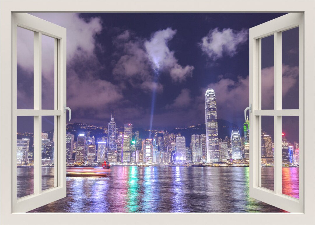 Hong Kong City Skyline Wall Decal, Skyline 3d Window Wall Decal, China ...