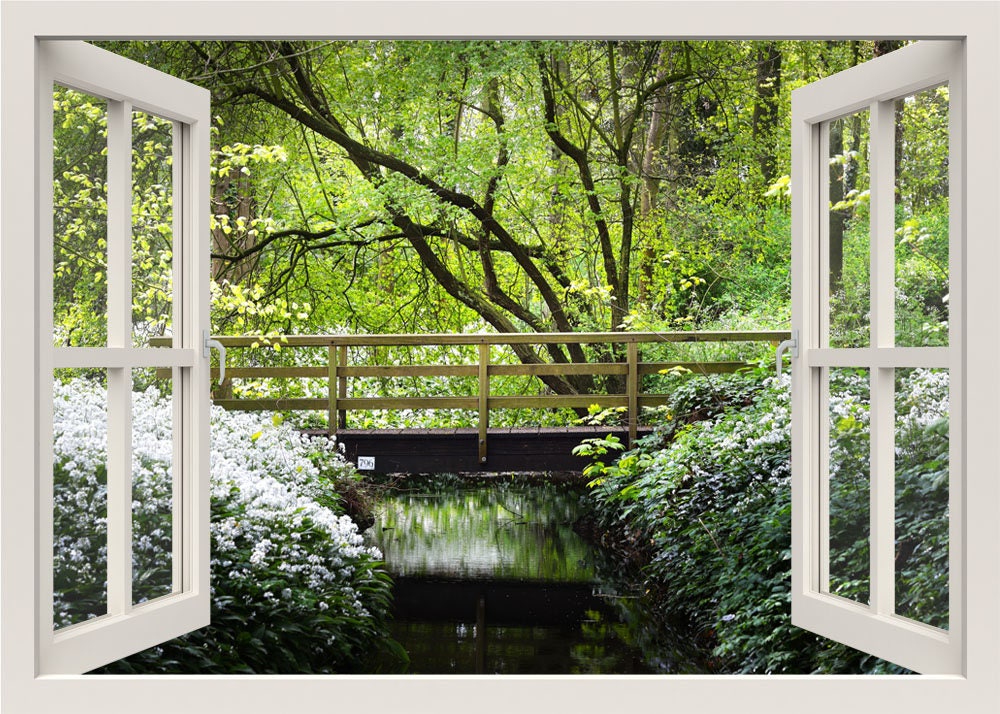 Bridge Over the River With Blooming Flowers Wall Decal, 3d Window View ...