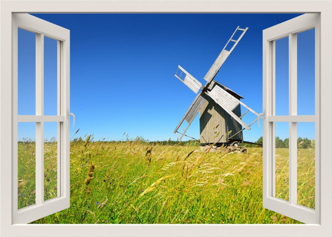 Windmill Wall Decal, 3d Window Wall Decal, Window View Wall Mural ...