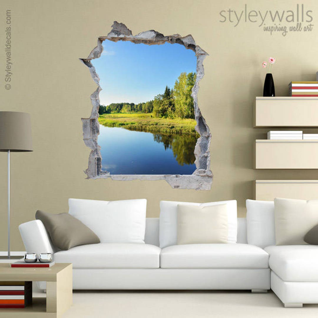 Lake Wall Decal, Nature Wall Sticker, Hole in the Wall 3d Effect Wall ...
