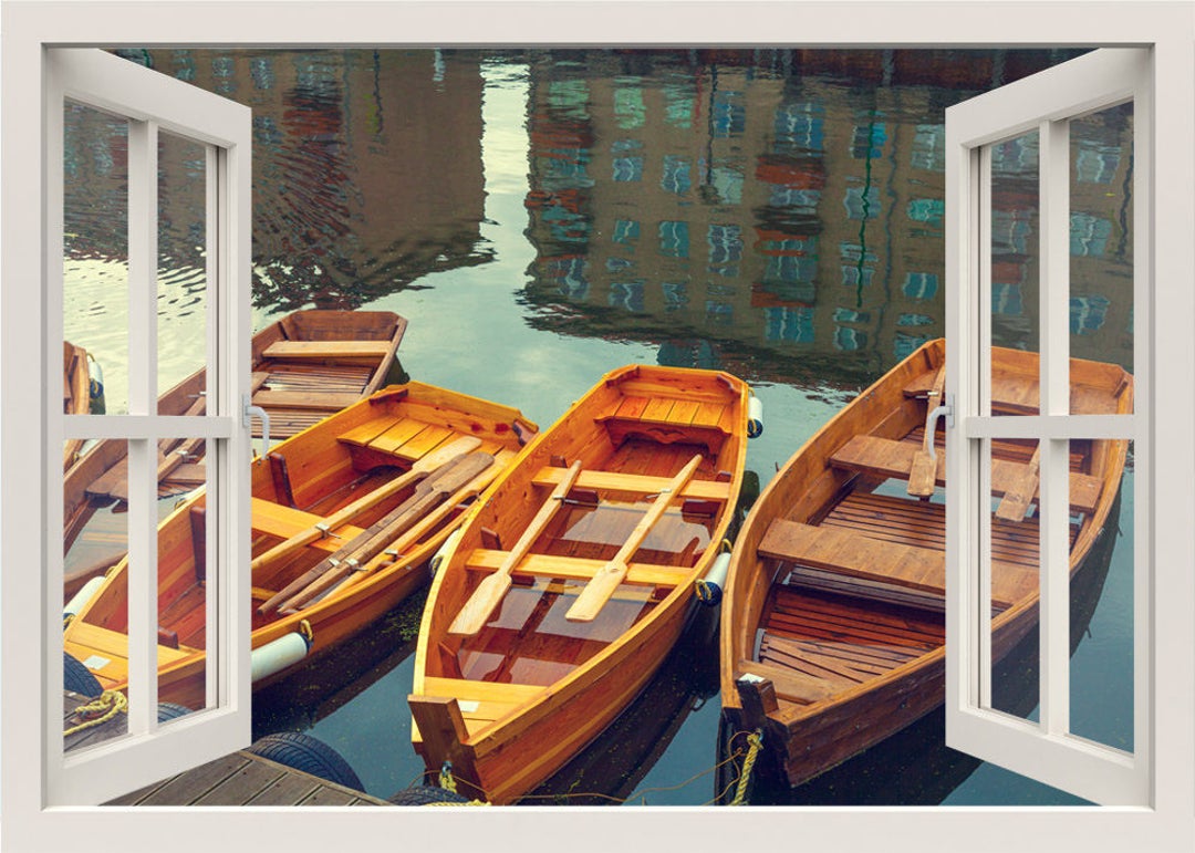 Wooden Boat on a River Wall Decal, Wall Sticker, 3d Window View Nature ...