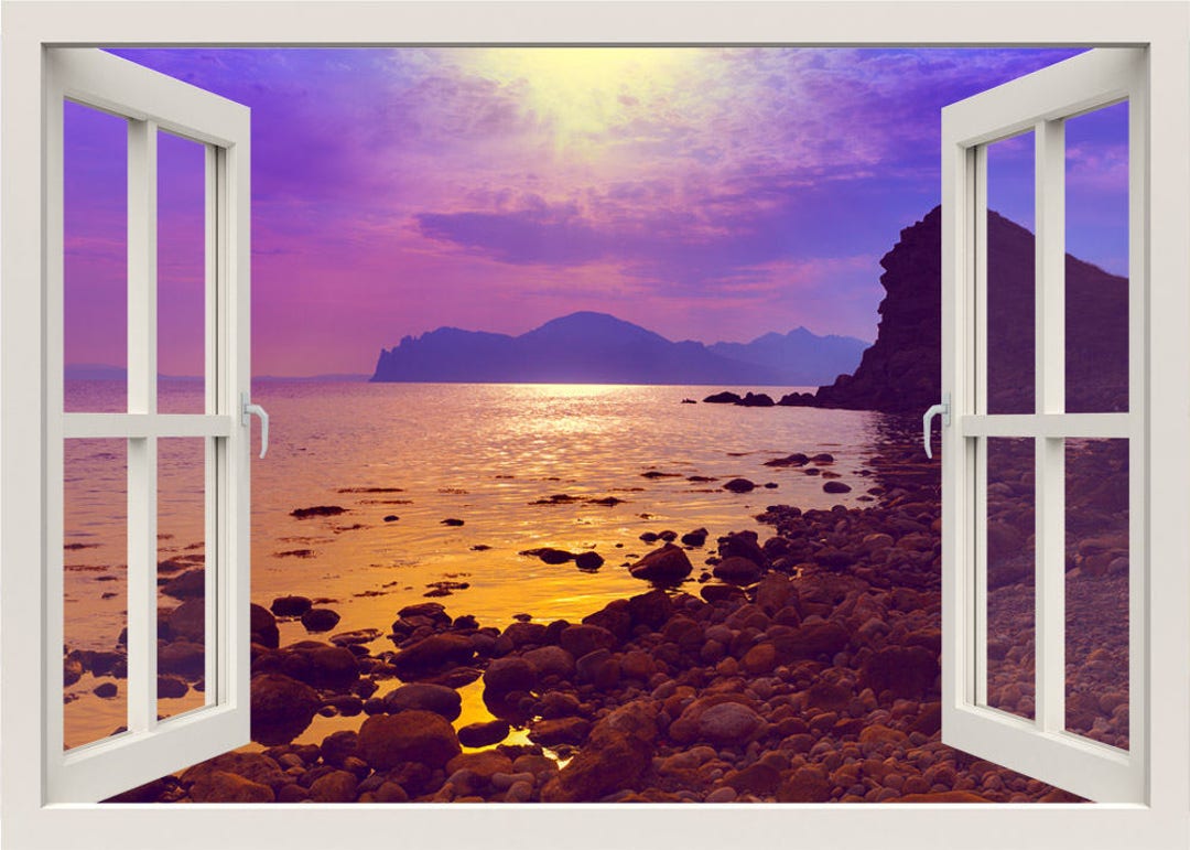 Beach Sunset Wall Decal, 3d Window Wall Decal, Sea Cost Sunset View ...