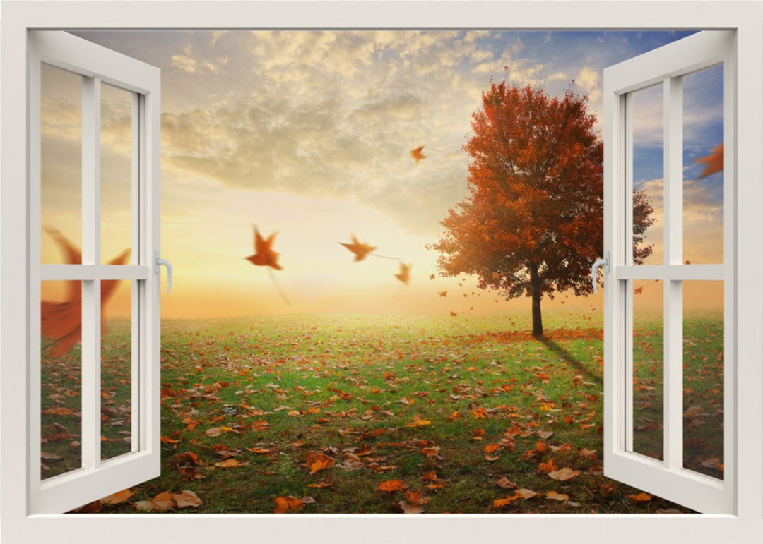 Tree Wall Sticker, Tree With Blowing Leaves at Wind Wall Decal, 3d ...