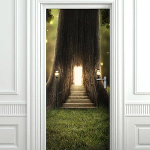 Tree in Forest Wall Decal, Door Sticker, Nature Door Wallpaper, Glowing ...