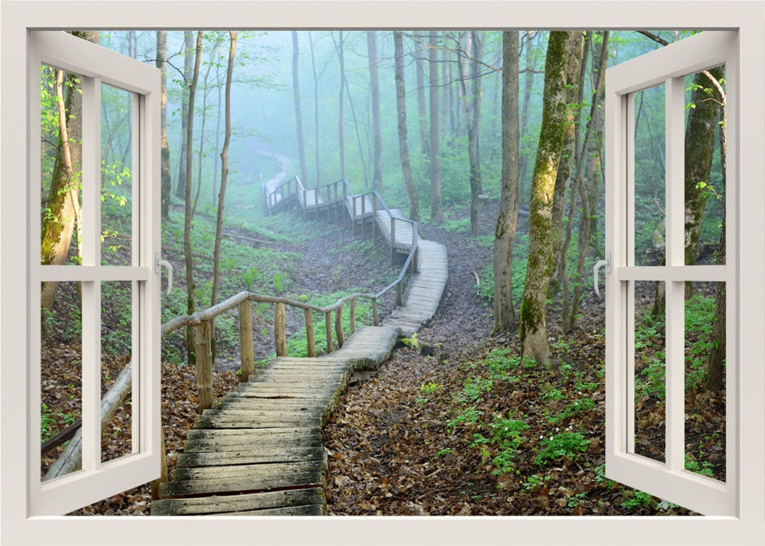 Bridge in a Forest Wall Decal, 3d Window Wall Decal, Window View Wall ...