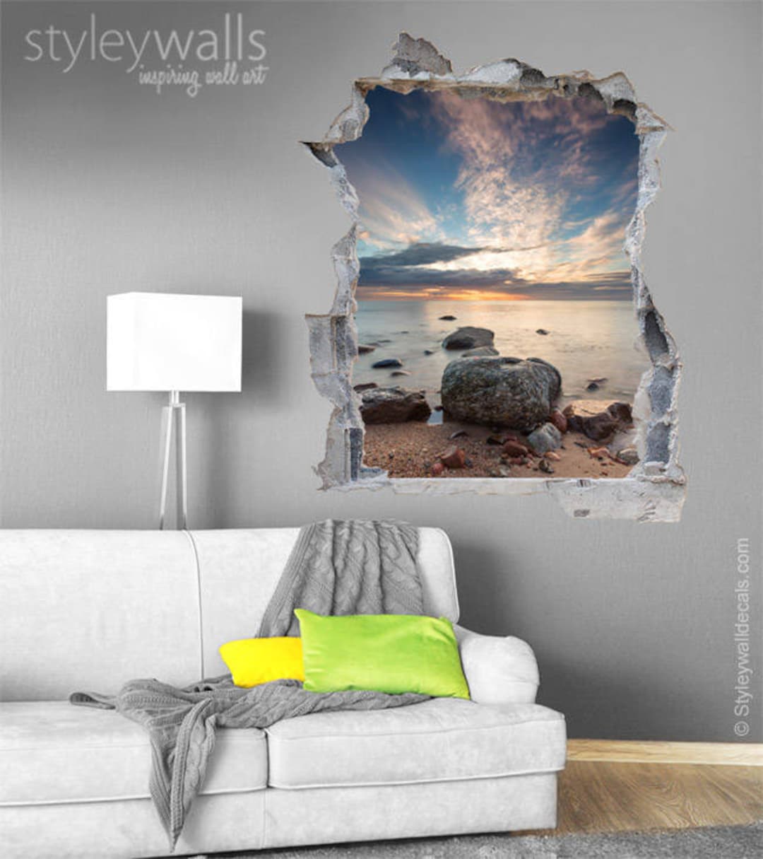Hole in the Wall 3d Effect Wall Sticker, Sea View Wall Decal, Rocks ...
