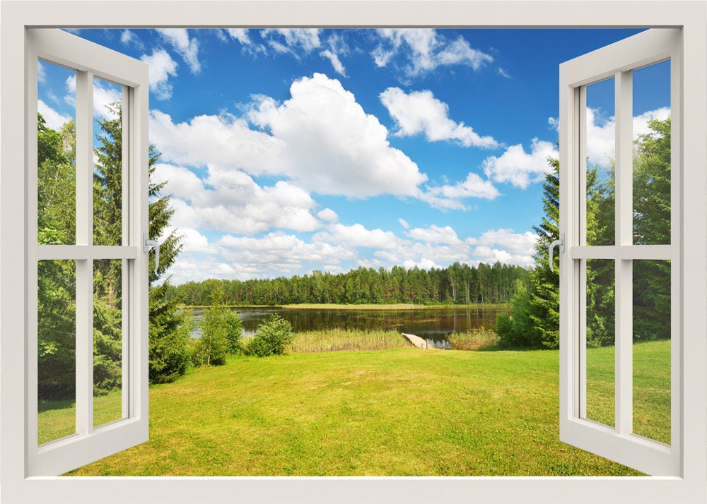 Green Forest Landscape Wall Decal, Clouds Wall Decal, 3d Window Wall ...
