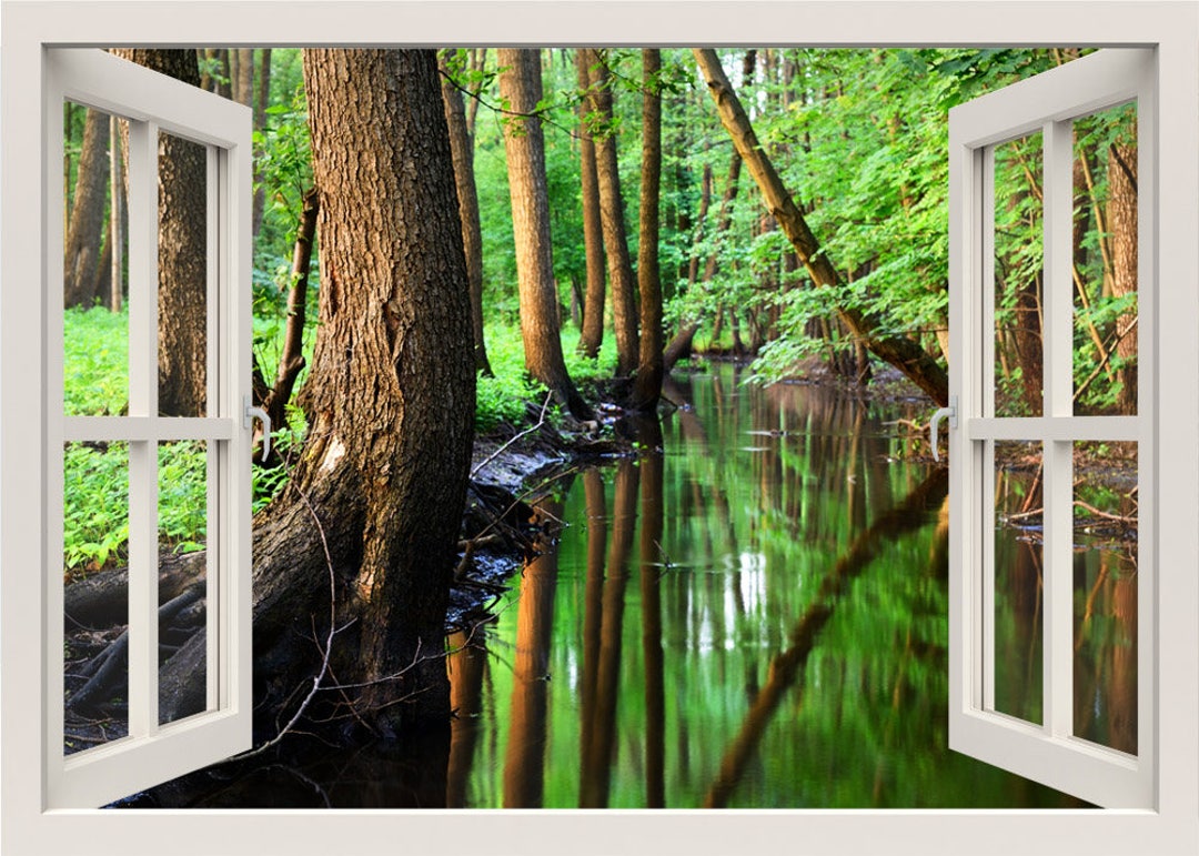 Forest River Scene Wall Decal, 3d Window View Wall Decal, Forest Wall ...