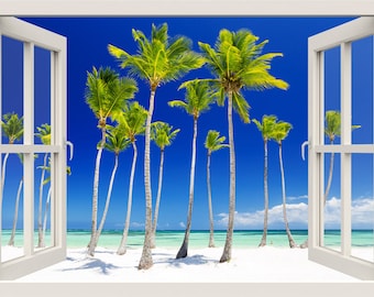 Palm Trees Wall Decal, 3d Window Wall Decal, Tropical Island Wall Decal ...