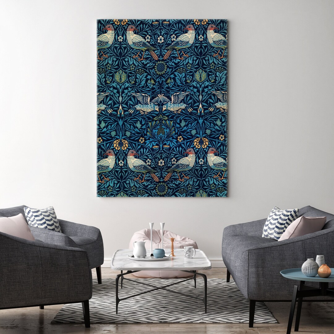 William Morris Birds Blue Pattern Stretched Canvas Wall Art, William ...