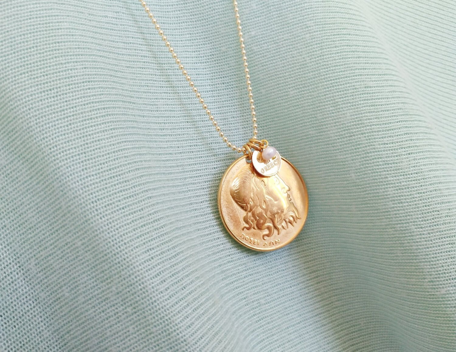 Greek Coin Pendant Coin Necklace Gold Pendant Long Chain - Etsy
