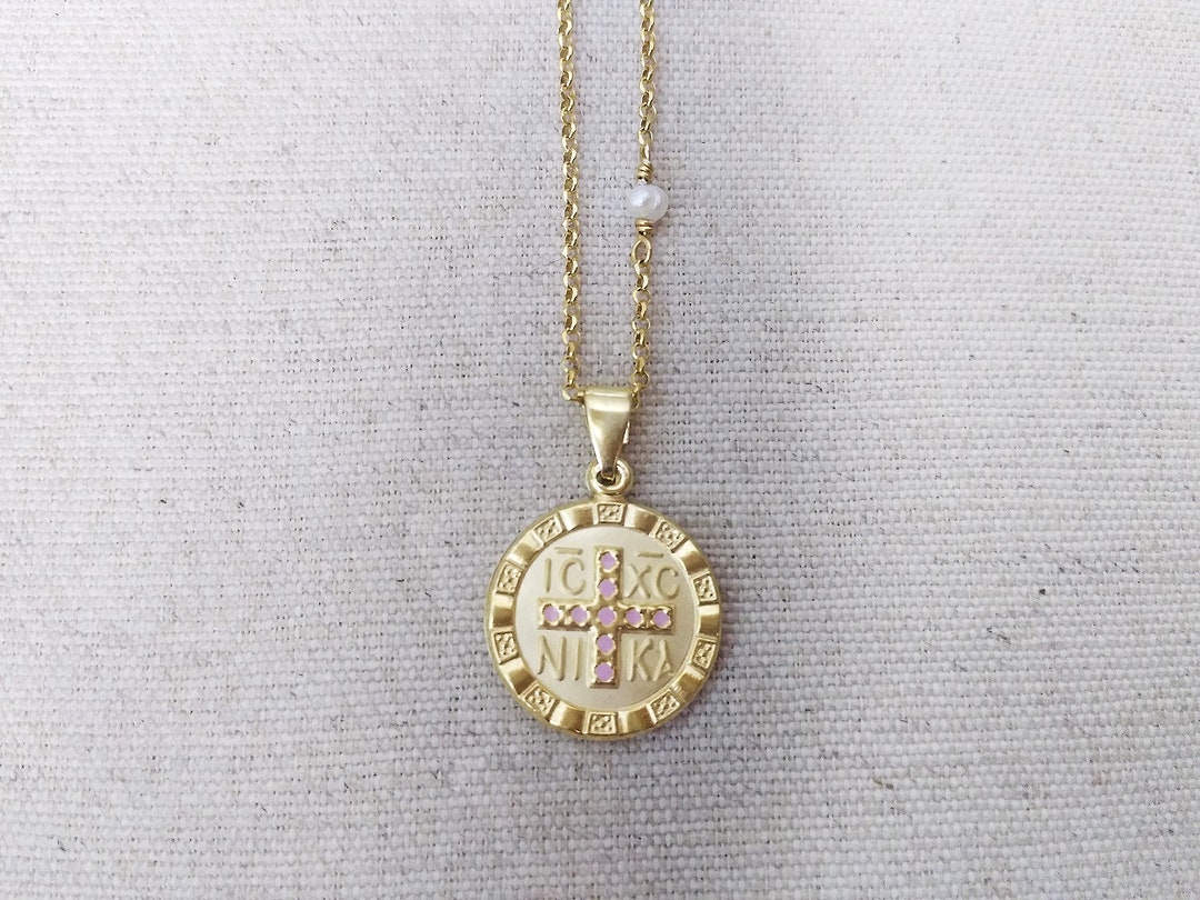 Gold Coin Pendant, Gold Pink ICXC NIKA Coin, Byzantine Coin, St ...