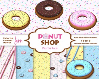 Donut Shop Clipart and Digital Paper Pack Realistic | Etsy