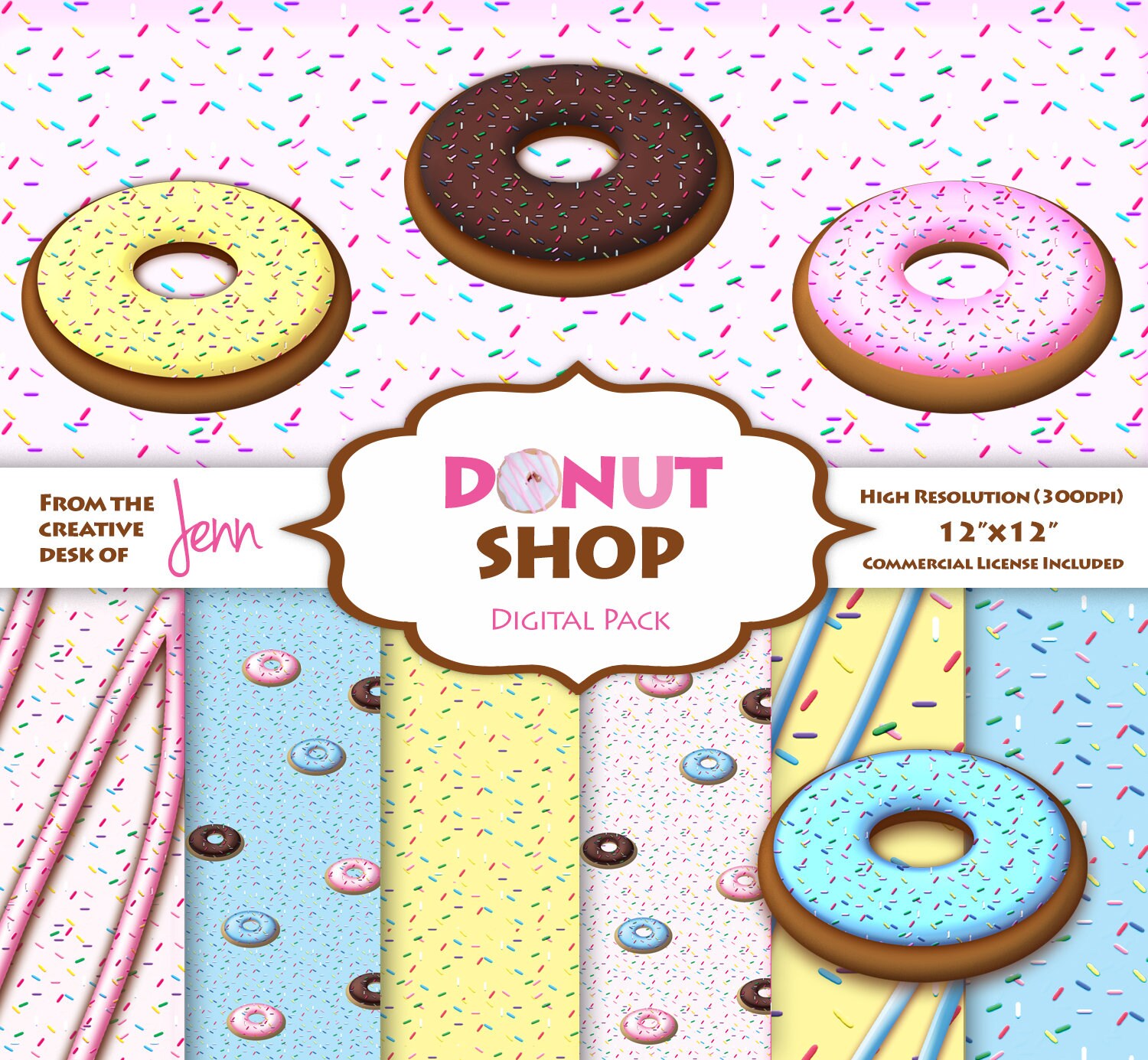 Donut Shop Clipart and Digital Paper Pack Frosted Donuts, Sprinkles ...