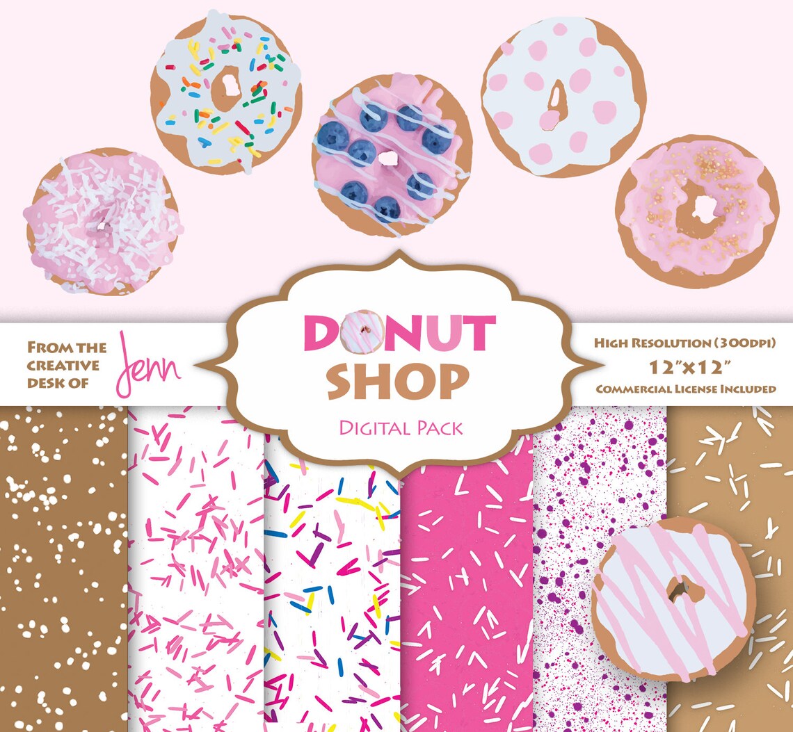 Donut Shop Clipart and Digital Paper Pack Realistic Doughnuts and ...