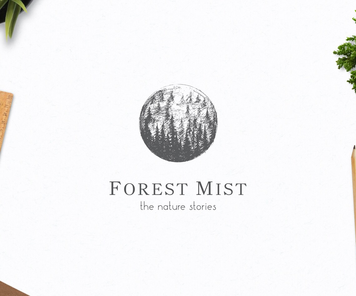 Forest Mist Unique Hand Drawn Logo Design - Forest Trees Logo - Hand ...