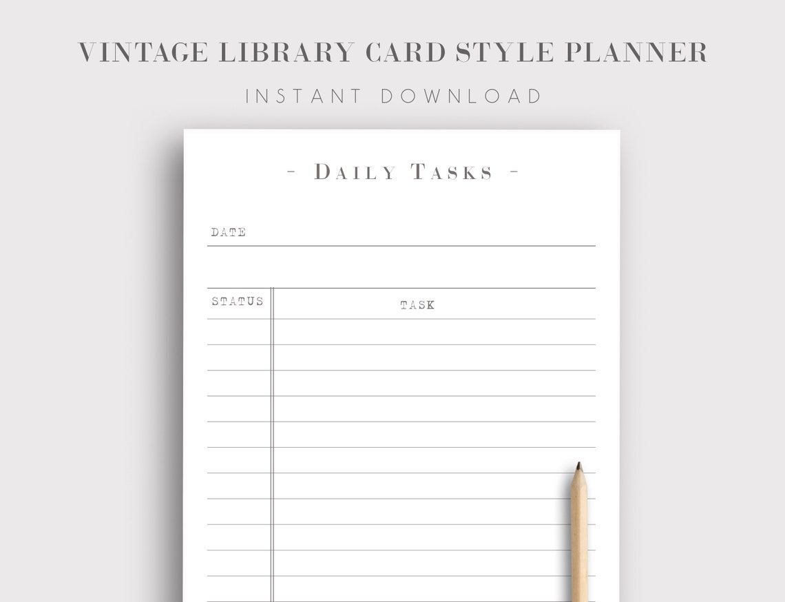 Printable Daily Tasks Page - Planner Sheet - Library Card Style ...