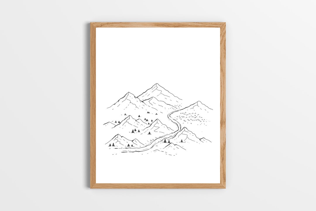 Printable Art - Landscape Drawing With Mountains, Trees, Forest, River ...