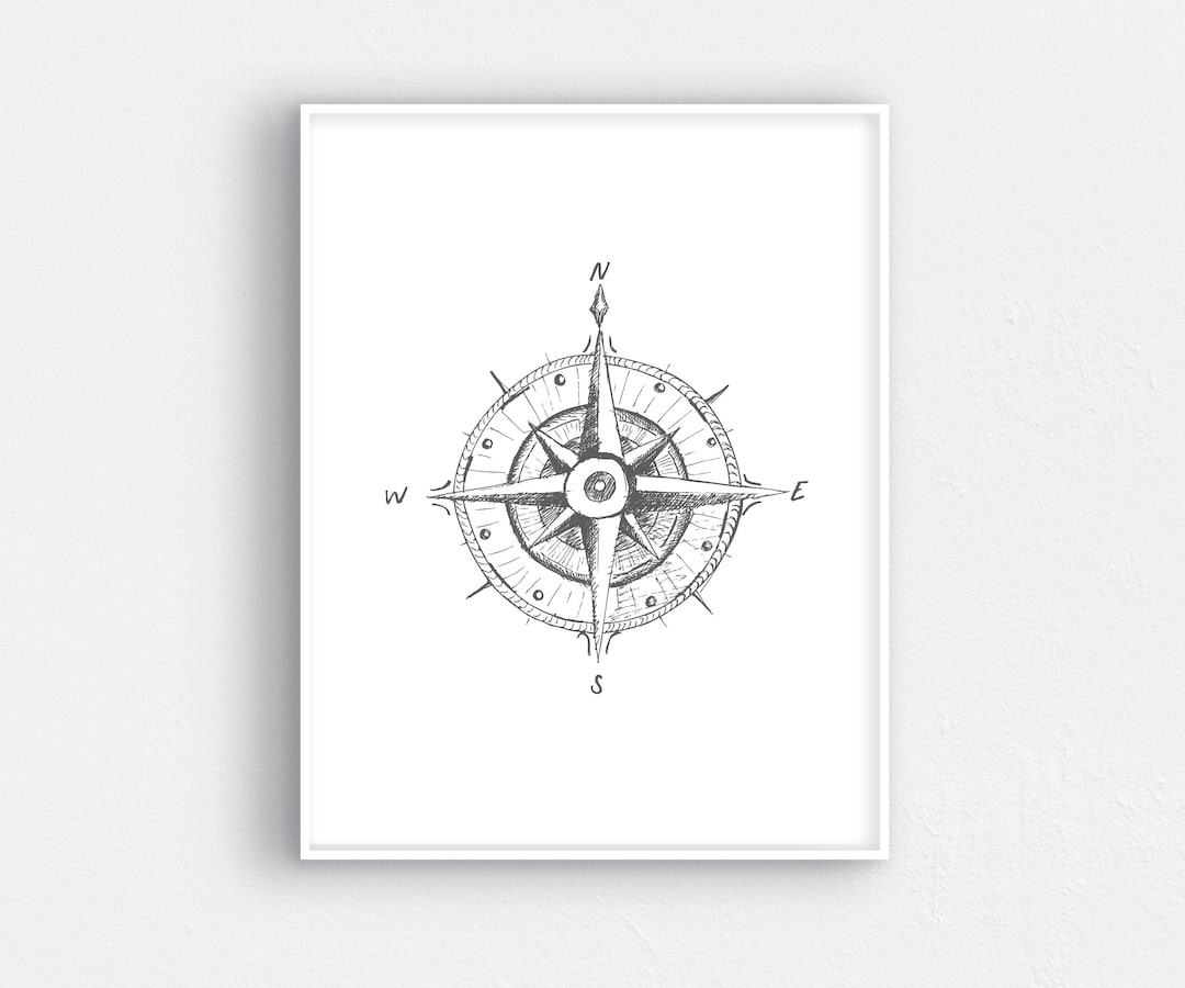 Printable Hand Drawn Compass Art - Printable Compass Art - Hand Drawn ...