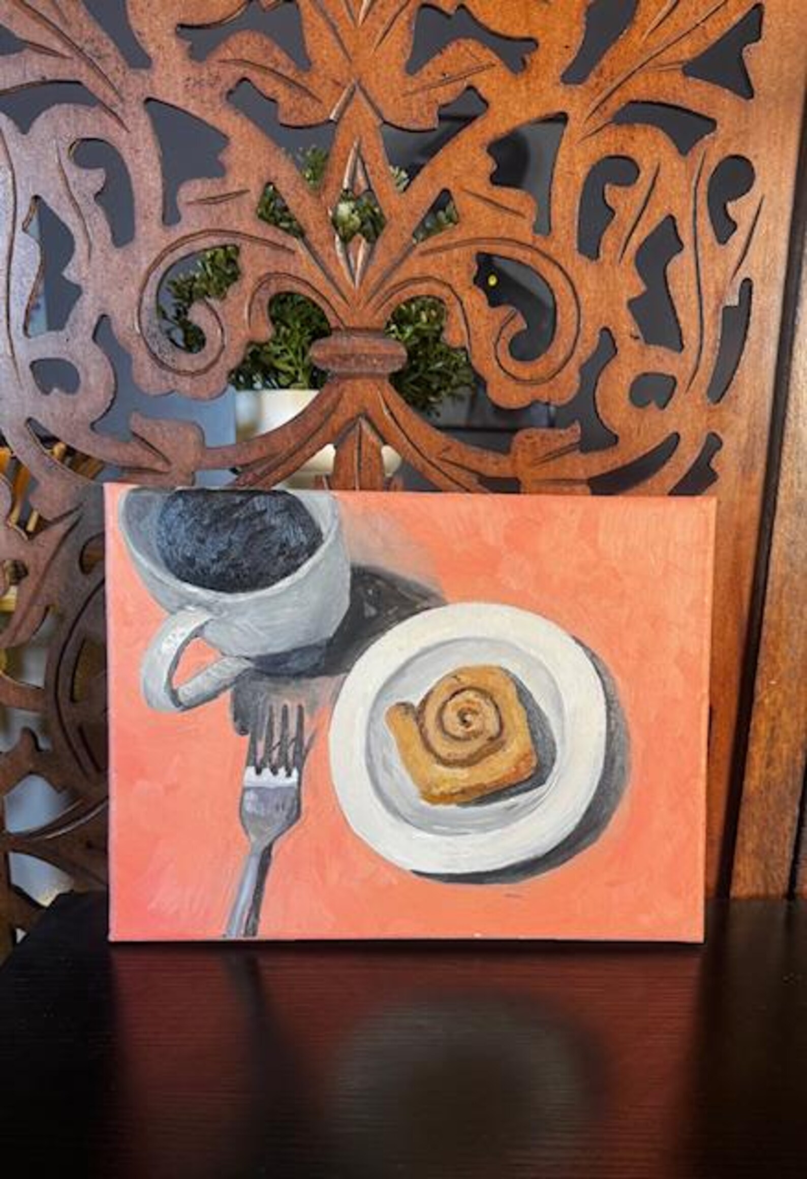 Still Life Cinnamon Bun Oil Painting; Food Art; Coffee Breakfast Honey ...