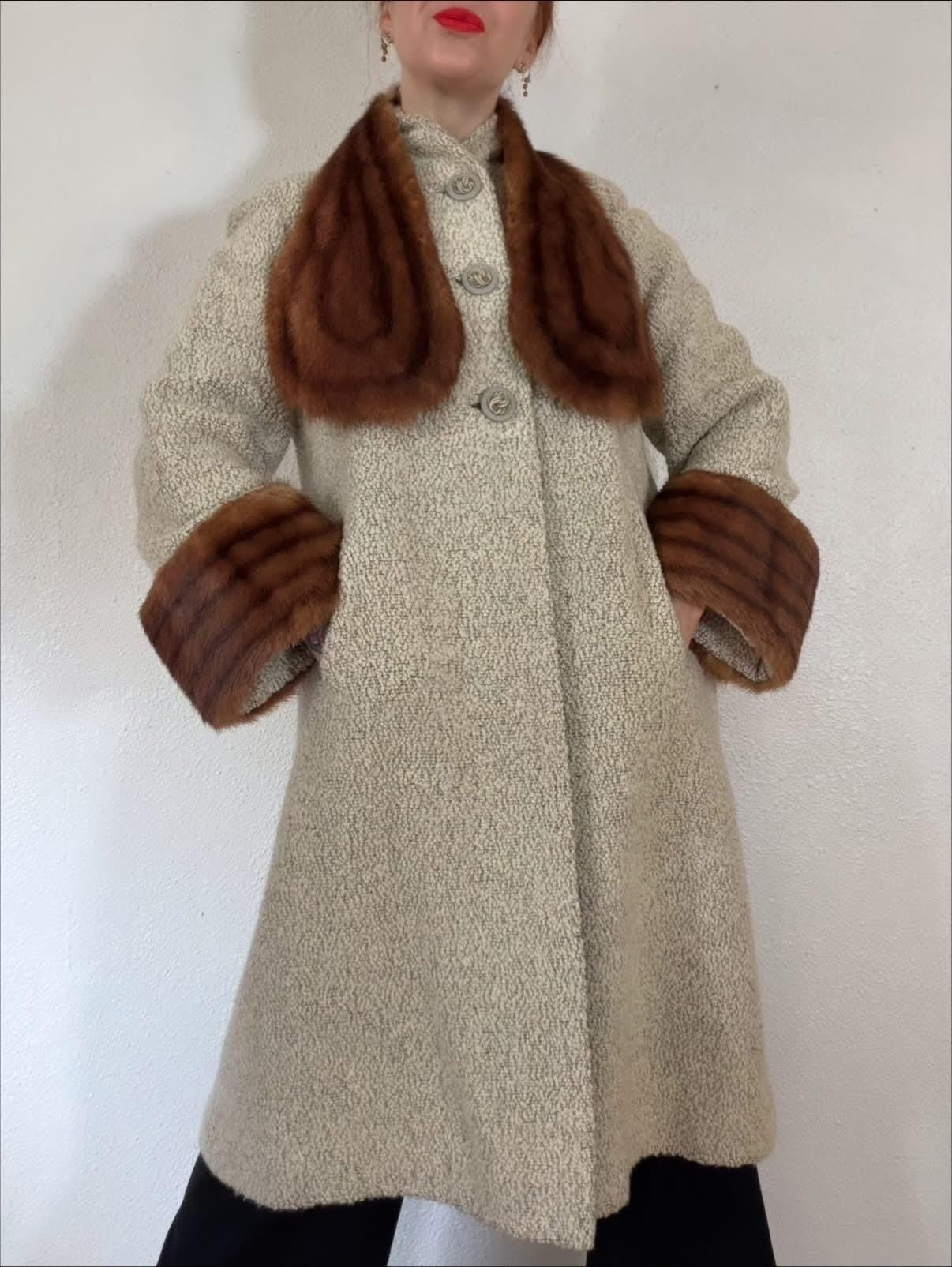 Vintage Late 1940’s Oatmeal Wool Boucle Coat With Teardrop Mink Collar ...