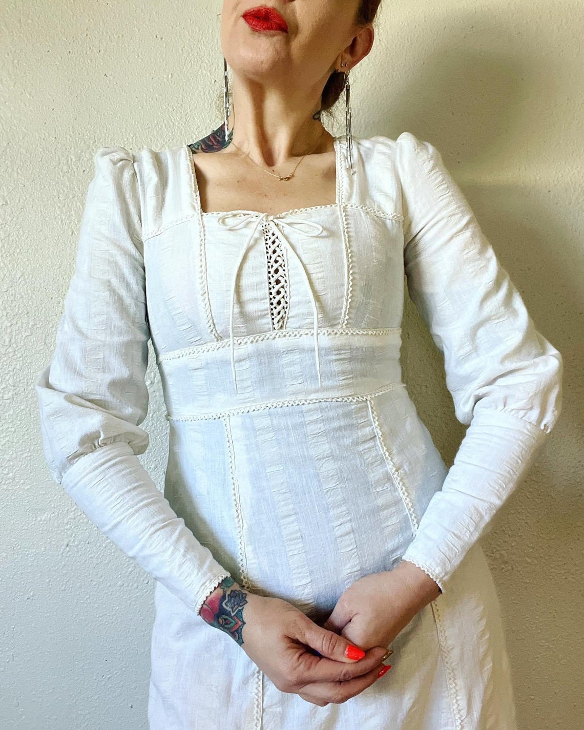 Vintage 1970’s Ivory Seersucker Stripe Corset Prairie Maxi With Zip ...